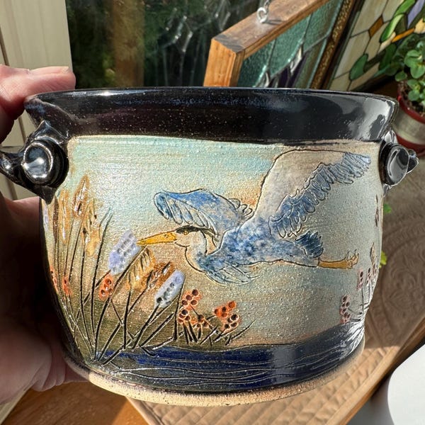 Large Handmade Stoneware Pottery Bowl With American Bison Buffalo on ...