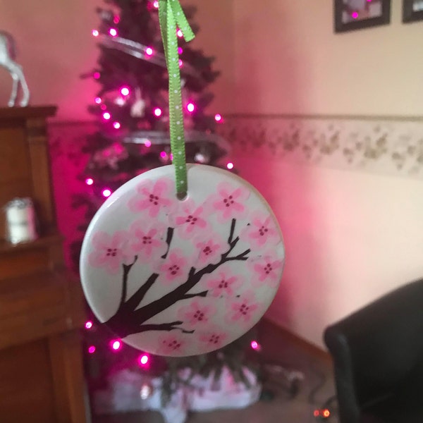 Cherry Blossom Christmas Ornament - Hand Painted Ceramic Ornament ...