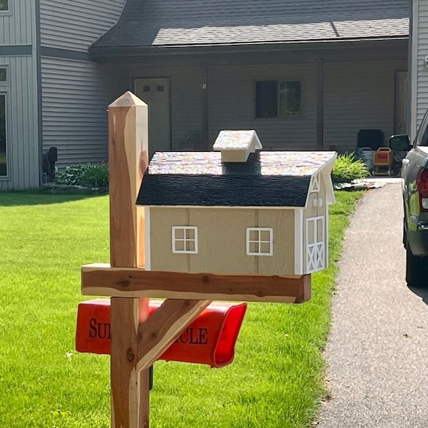 Amish Handmade Barn Mailbox | Tan and Black With Red Flag - Etsy