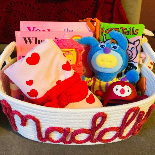 Personalized Name Basket With Bow, Baby Shower Gift Basket, Monogram ...