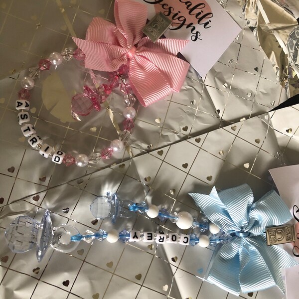 Personalised Baby Pram Charm Clip Dummy Teddy Pink White Girl New Baby ...