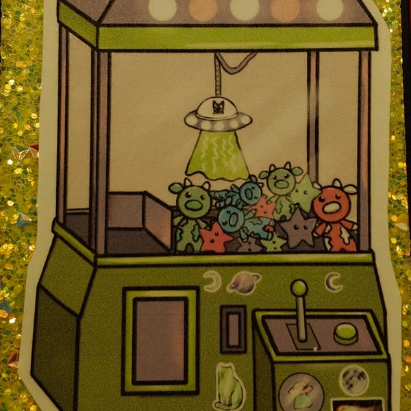 Claw Machine Vinyl Sticker, Cute Cosmic Plushie Vending Machine, UFO ...