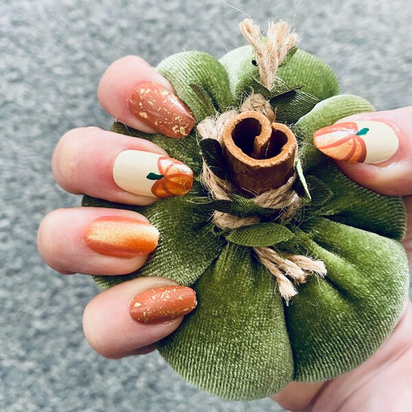 Sage Green Nail Set With White Leaf Print Stick on Nails Press on Nails ...