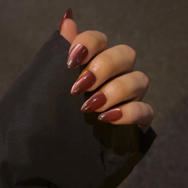 Red Cat Eye French Tips Rhinestone Press on Nails red Almond False ...