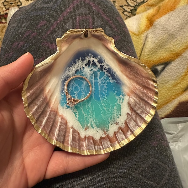 Large Ocean Resin Scallop Shell Ring Dish Trinket Dish Turquoise or ...