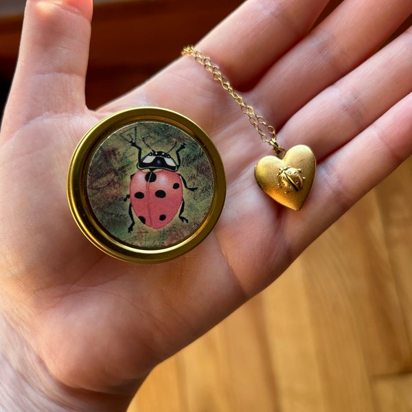 Ladybug. Heart Locket Necklace. Gold Ox Ladybug Glued Small Size Locket ...