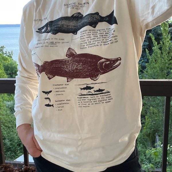 Sockeye Salmon Life Cycle Long Sleeve Shirt, Screen Printed Salmon Long ...