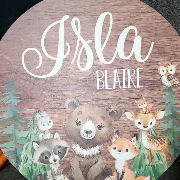 Woodland Animal Name Sign, Woodland Nursery Baby Sign, Round Wood Name ...