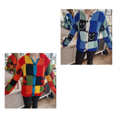 Patchwork Oversized Cardigan Hand Knitted Blue&gray Cardigan - Etsy