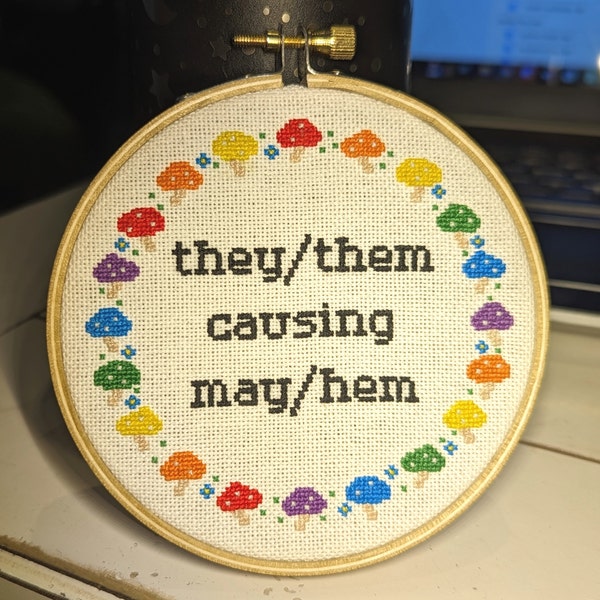 They/them Causing May/hem Cross Stitch Pattern | LGBTQ+ Pride Embroidery Design | Non-binary ...