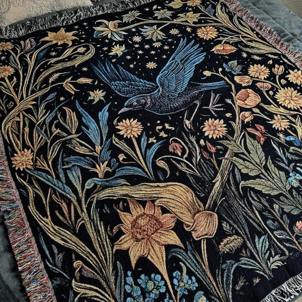 Dark Cottagecore Crow Tapestry Woven | Raven Wall Art Blanket Woven ...