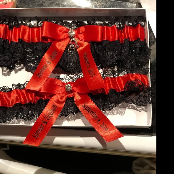 Personalized Black Lace Garter Set, Red Satin Bow, Keepsake Double ...