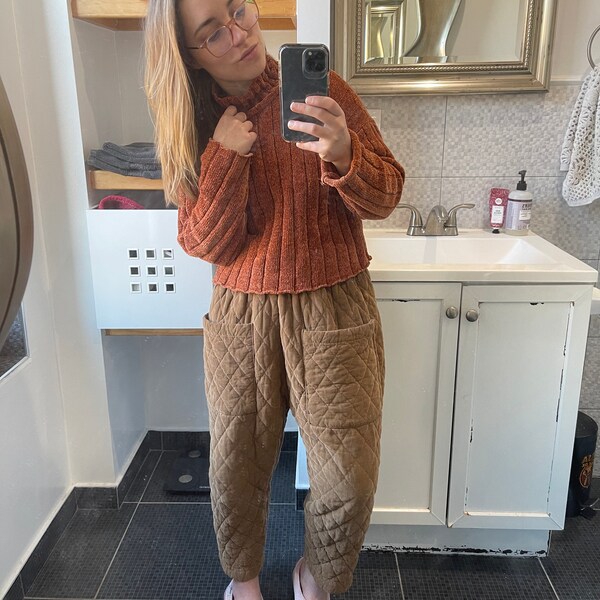 Women's High Rise Quilted Padding Aladdin Pants Rustic Style Loose Fit ...