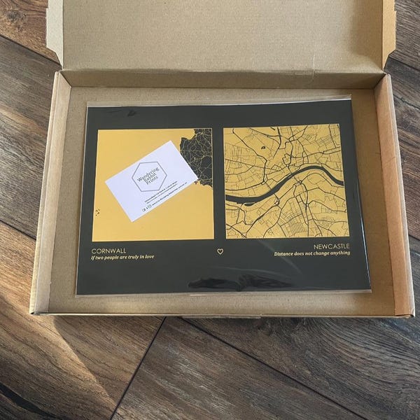 A4 Any Two Locations Metallic Map Print, Custom Multi Location Foil Map ...