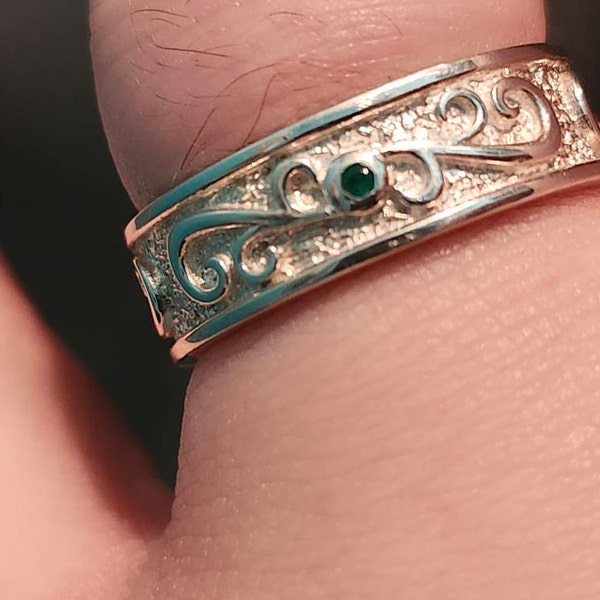 Natural Emerald Scrollwork Ring Vintage Style - Wide Elegant Birthstone Ring Inspired by Nature ...