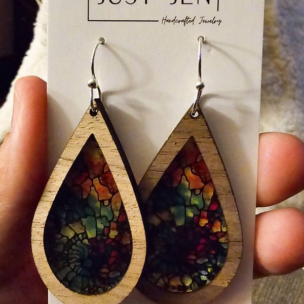 Mosaic Stained Glass Earrings // Teardrop // Mahogany Wood // Bright ...