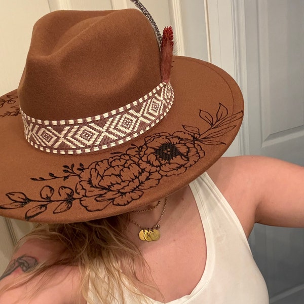 Floral Burned Hat, Floral Engraved Cowboy Hat, Sunflower Hat, Sunflower ...