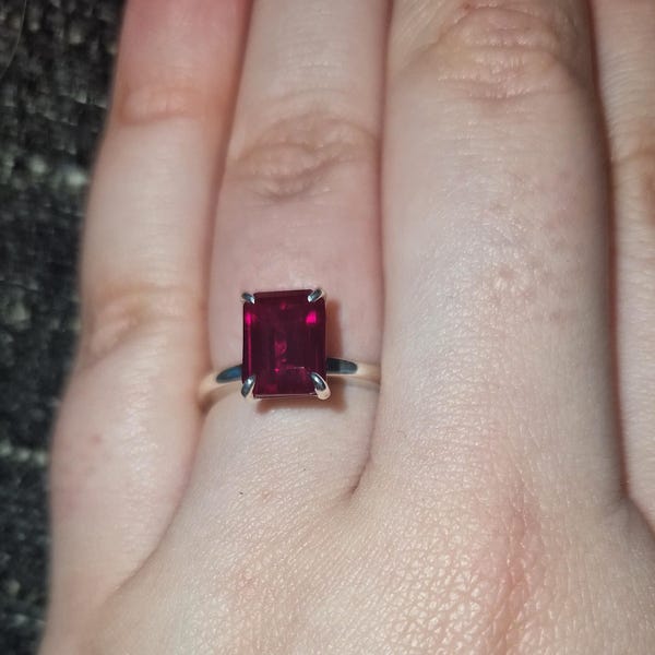 14k Emerald Cut Ruby Ring, Emerald Cut Ruby, Ruby Engagement Ring, Solitaire Setting, Sterling ...