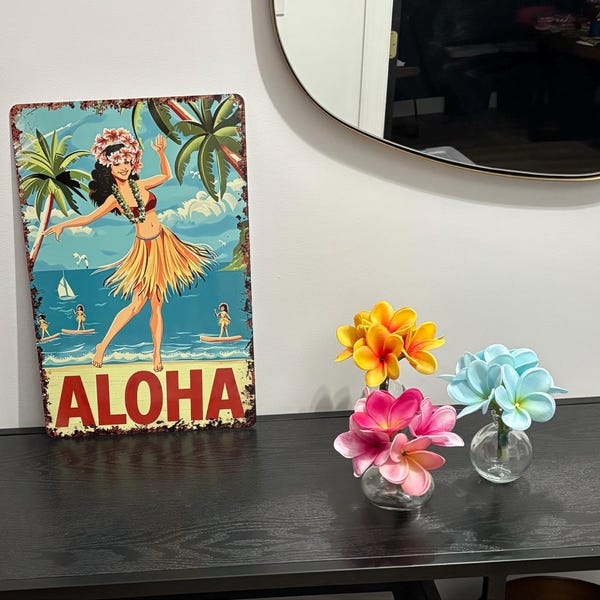 Aloha Metal Decor Sign - Retro Hawaii Hulu Dancer Decoration for Beach ...