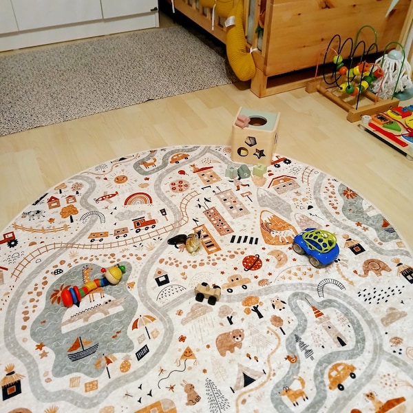 Blue Kids Rug, Train Rail Play Mat, Kids Room Rug With Trolley, Kids ...
