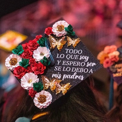 Pink Virgin Mary Graduation Cap, Paper Flowers, Rose Gold Grad Cap ...