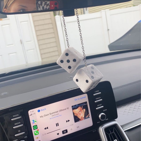 White Plush Fuzzy Dice With Black Dots and Chain or Cord / Car ...