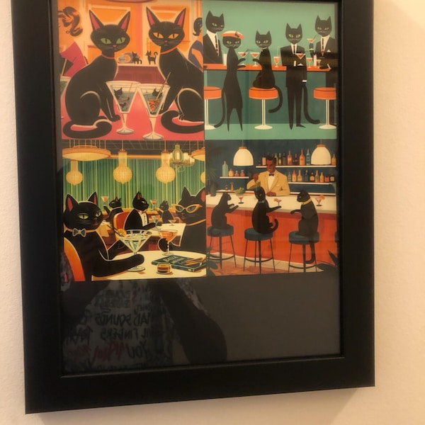 Black Cats Day Drinking Art, Cats Cocktail Poster, Mid Century Cat Art ...