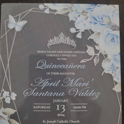 Clear Acrylic Quinceañera Invitations With Pink Flowers and Gold Text ...