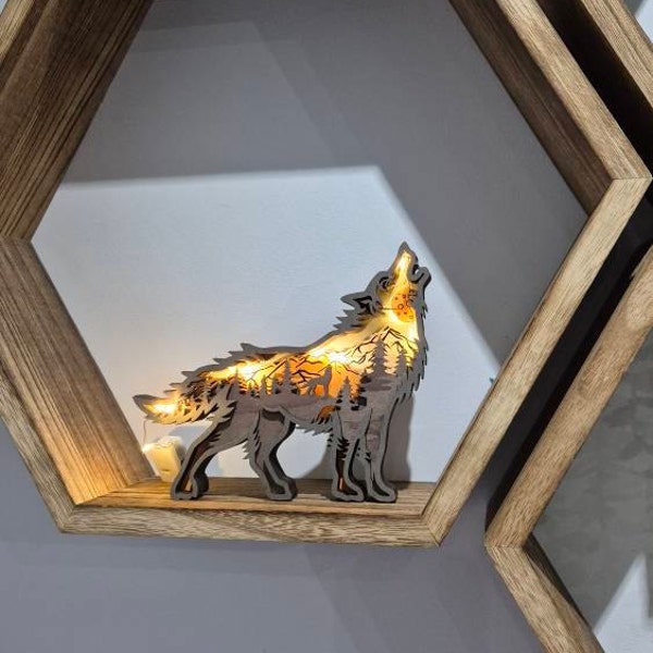 Custom Wooden 3D Wolf With Lights,hand-carved Animal Lights,engraved ...