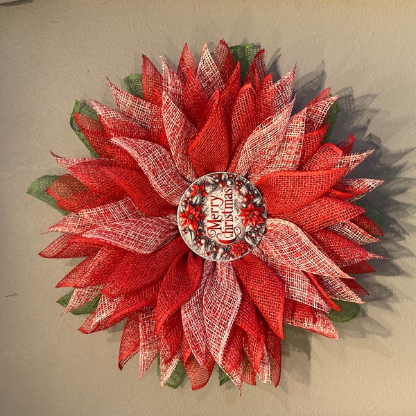 Wreath Sign, Round Red and Silver Merry Christmas Poinsettia Wreath ...