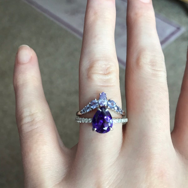 Teardrop Amethyst Ring Set- Sterling Silver Amethyst Engagement Ring ...