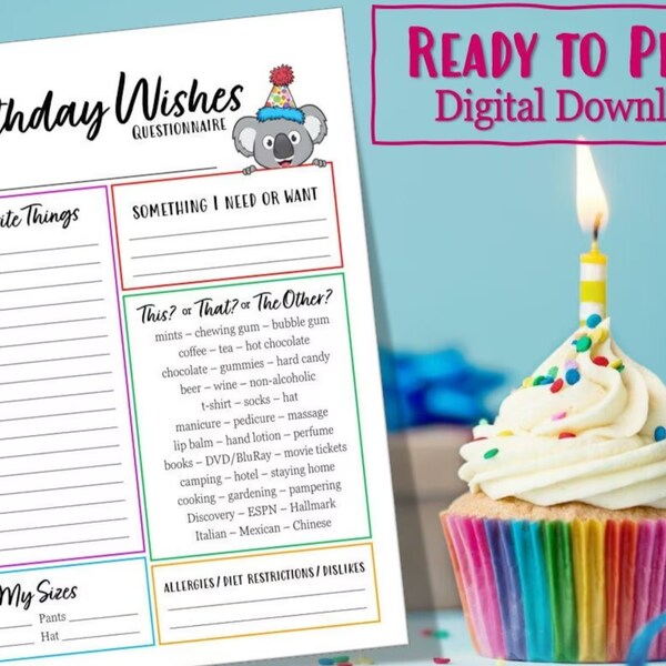 PRINTABLE Birthday Wishes Questionnaire, Wish List, Favorites List ...