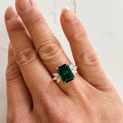 Oval Cut Lab Emerald Engagement Ring Rose Gold,cluster Ring,art Deco ...
