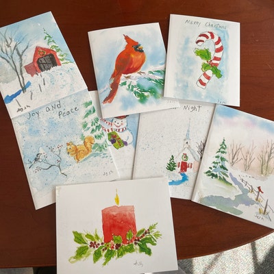 8 Christmas Cards : Hand Painted Watercolor Variety Pack Holiday Cards ...