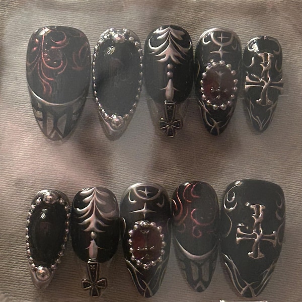 Gothic Cross Press on Nails | 3D Silver Cross, Red Black Frame ...