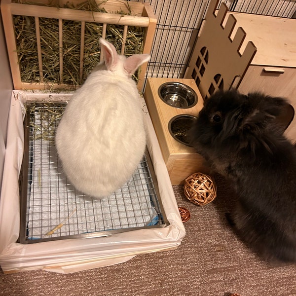 Stainless Steel Scatterless Litter Box With Wood Hay Feeder Food Stand ...