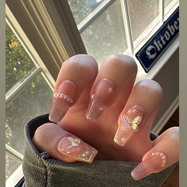 3D Butterfly Nails/glittering Gorgeous Purple French Tips Nails/wedding ...