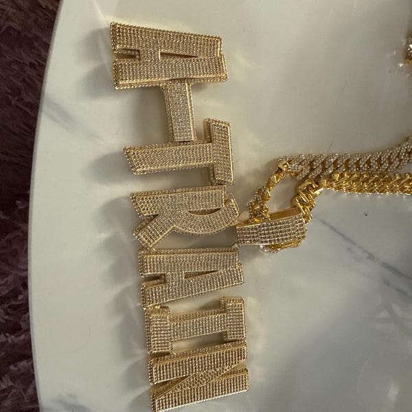 Custom Diamond Icy Script Nameplate Necklace With Tennis Baguette Chain ...