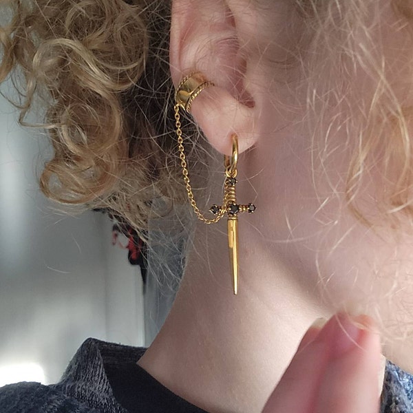 Sword Earring With Ear Cuff , Dagger Earring, Sword Hoop Earring, Hoop ...