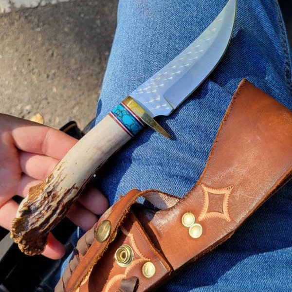 Hunting Knife, Turquoise Antler Handle, 8" Blade, Handmade Hunting ...