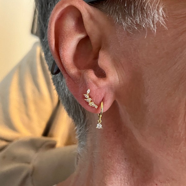 CZ Leaf Stud Earrings|tiny CZ Leaf Stud Earring|sparkling Leaf Branch|14k Sterling Silver|gold ...