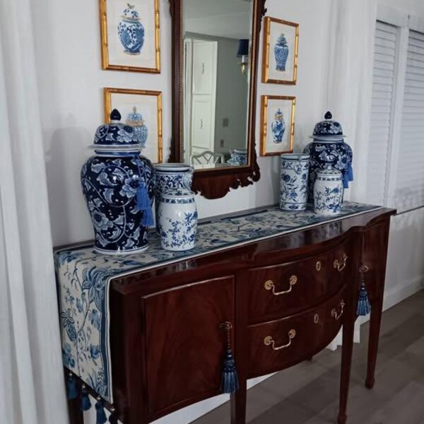 Blue and Beige Floral Pattern Terylene Linen Table Runner，classic ...