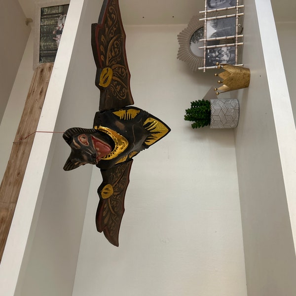 Flying Black Bat Mobile Balinese Spirit Chaser Hand Carved Wood Bali ...