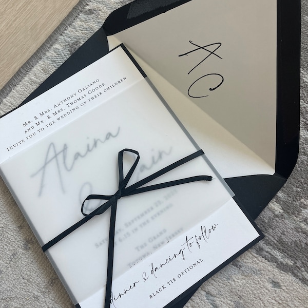 Black and White Wedding Invitation: Line Flower Liner, Vellum Band and ...