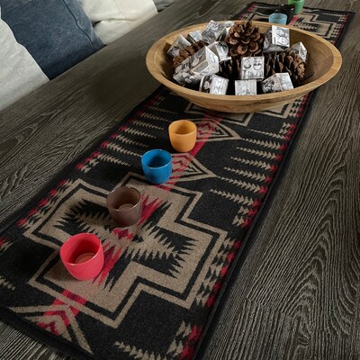 Table Runner in Oregon Wool-harding, Black Tan and Red Tribal Design ...