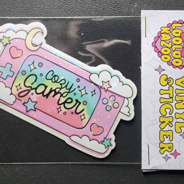 Holographic Cozy Gamer Vinyl Die Cut Sticker, Rainbow Cute Gamer Girl ...