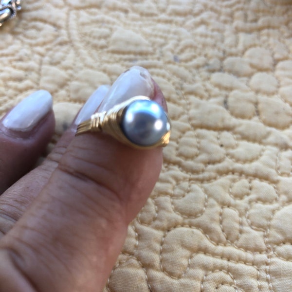 Light Blue Pearl Ring Wire Wrapped Jewelry Handmade Sterling Silver or ...