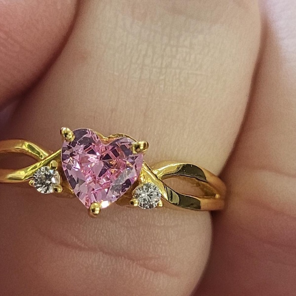 Heart Shaped Pink Diamond Ring Three Stone Vivid Pink Diamond Simulant ...