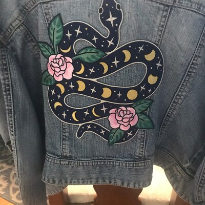 Snake & Moon Phases Large Back Patch Iron on Embroidered Patches for Jackets Celestial Serpent ...