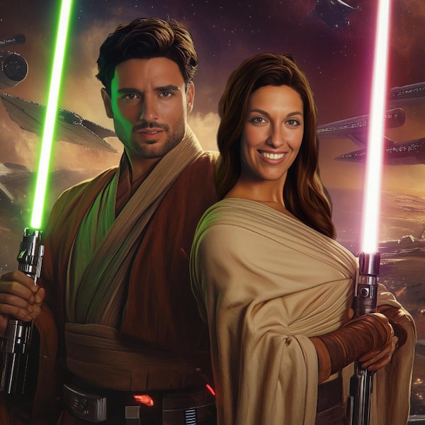 Personalised Jedi Couple Portrait, Custom Digital Art, Pet Jedi ...